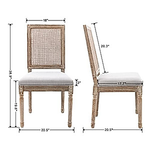 CIMOTA Farmhouse Dining Chairs Set of 2, French Rattan Dining Room Chairs with Rectangle Back/Distressed Wood Upholstered Vintage Side Chairs for Kitchen/Restaurant, Grey/2PCS