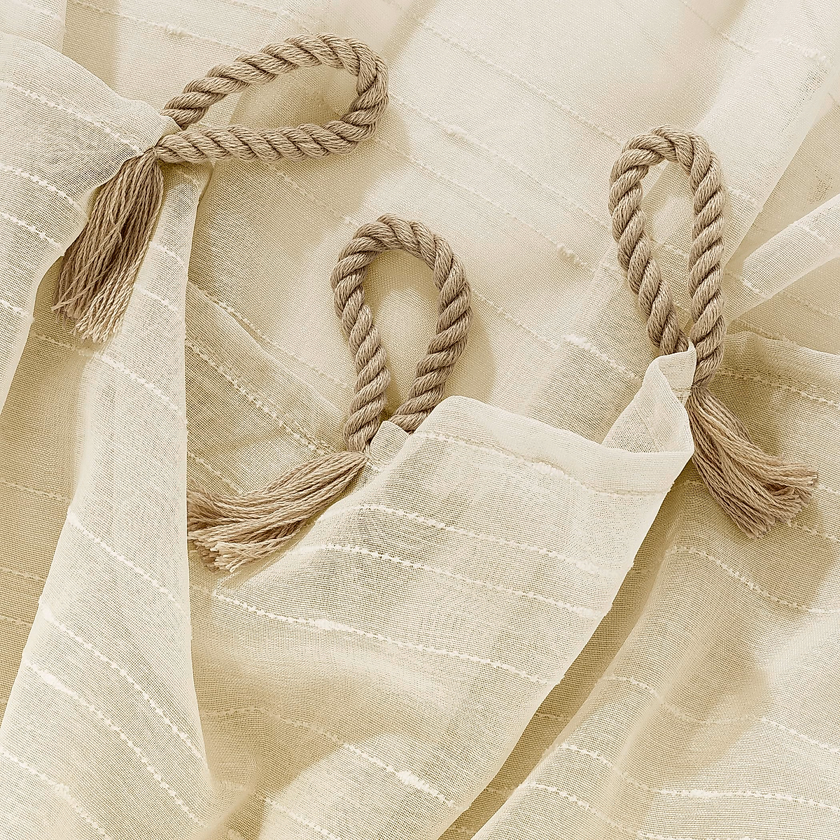 No. 918 Claudia 2-pack Slub Stripe Linen Texture Rope Tab Semi-Sheer Tie Top Curtain Panel Pair, 50" x 84", Natural Beige