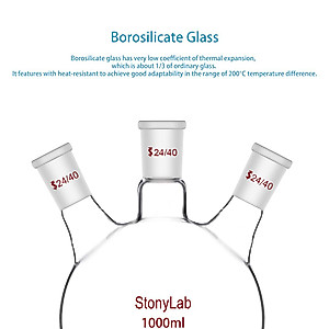 StonyLab Glass 3 Neck Round Bottom Flask RBF, with 24/40 Center and Side Standard Taper Outer Joint (1L)