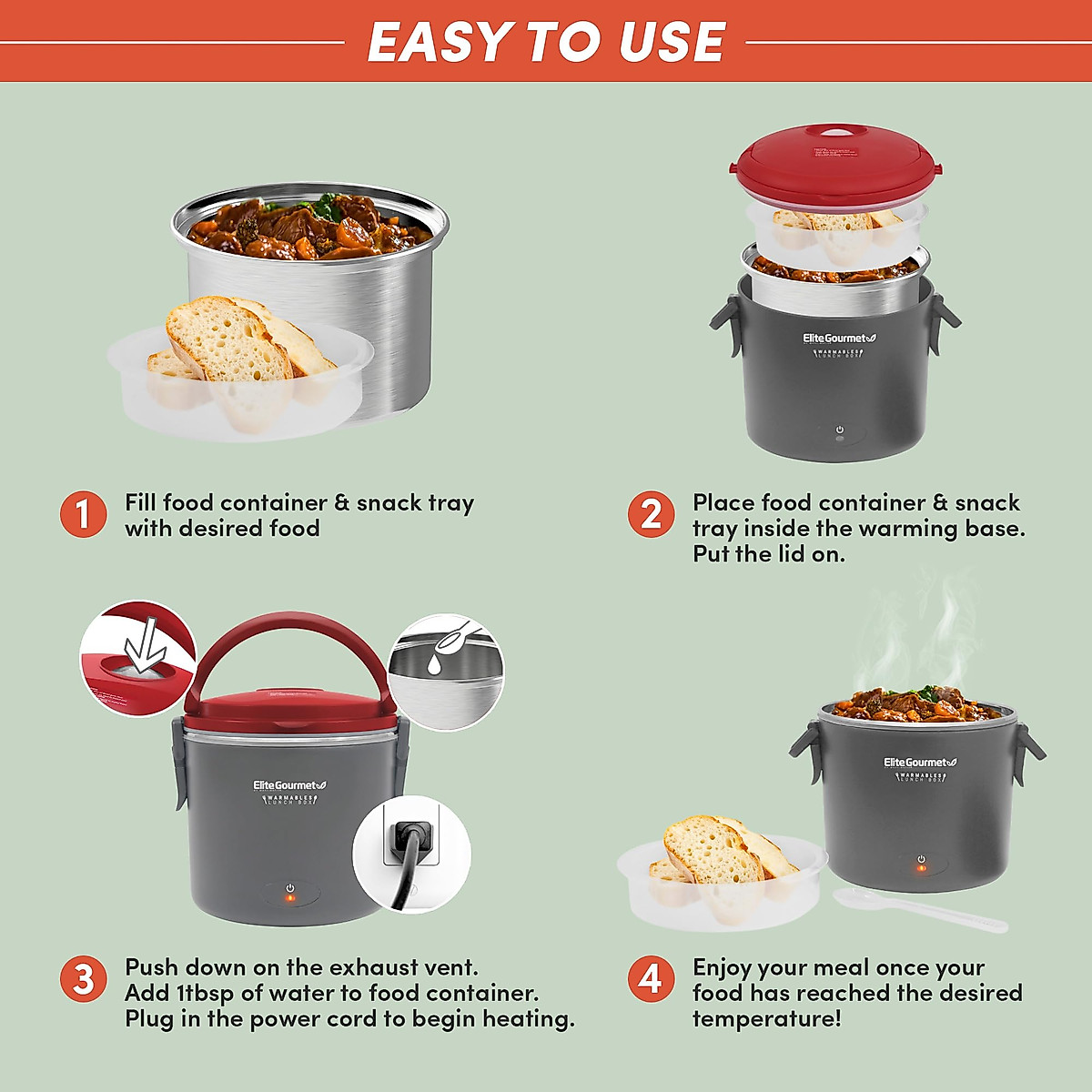 Elite Gourmet EFW-6080R Warmables Lunch Box Electric Food Warmer with Stainless Steel Pot, 32 Ounce, Grey Red