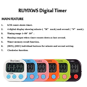 Ruyixws 6 Pack Digital Timer with Large LCD Display, Loud Alarm, Magnetic Back , Timer for Teachers Students Kids Cooking , On/Off Switch, Battery Included (6 Colors)