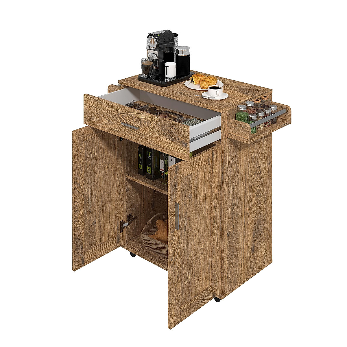 Panana Rolling Kitchen Island, Kitchen Trolley Cart with Spice Rack, Large Drawer, Towel Rack, Storage Pantry Cabinet, Kitchen Cart on Roller Wheels, Dining Room Furniture, Walnut