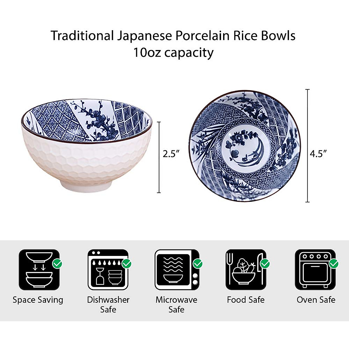 Japanese Style Ceramic Assorted Designs Traditional Blue and White Pattern Dinnerware Set (6PACK Blue White Bowl 4.5")