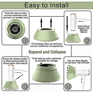 Universal Hair Diffuser Portable Hair Dryer Attachment for Blow Dryer Nozzles from 1.5 to 3.0 inch Diameter with Shampoo Brush (Green)