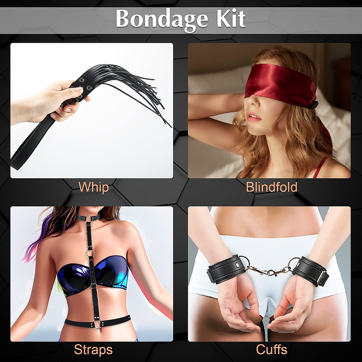 Sex Bondage BDSM Kit Restraints - Couple Sex Toys with Neck to Wrist Behind Back Handcuffs Collar & Blindfold & Whip, Soft Leather Bondage Gear & Accessories, Adult Sex Straps SM Slave Gameplay Tools