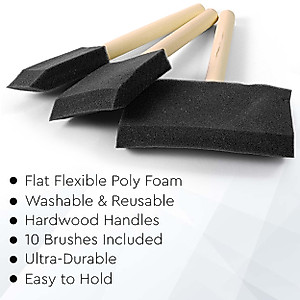 Vanitek 10 Piece Flat Flexible Poly Foam Bevel-Tipped Brush Set with Wooden Handles - Ideal for Applying Paint, Oil-Based Paints, Stain, Varnish, Enamel, Latex Paint, Smooth Surfaces, & Arts & Crafts