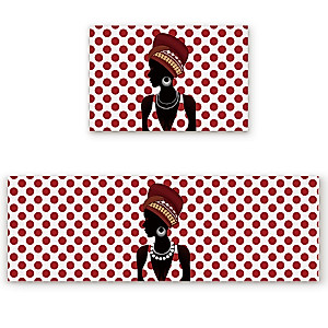African Women Kitchen Rugs Set, 2 Pieces Comfortable Standing Mats, Floor Rug for Laundry Room, Dining Room, Playroom 19.7x31.5inch+19.7x63inch, Polka Dots Red Black White