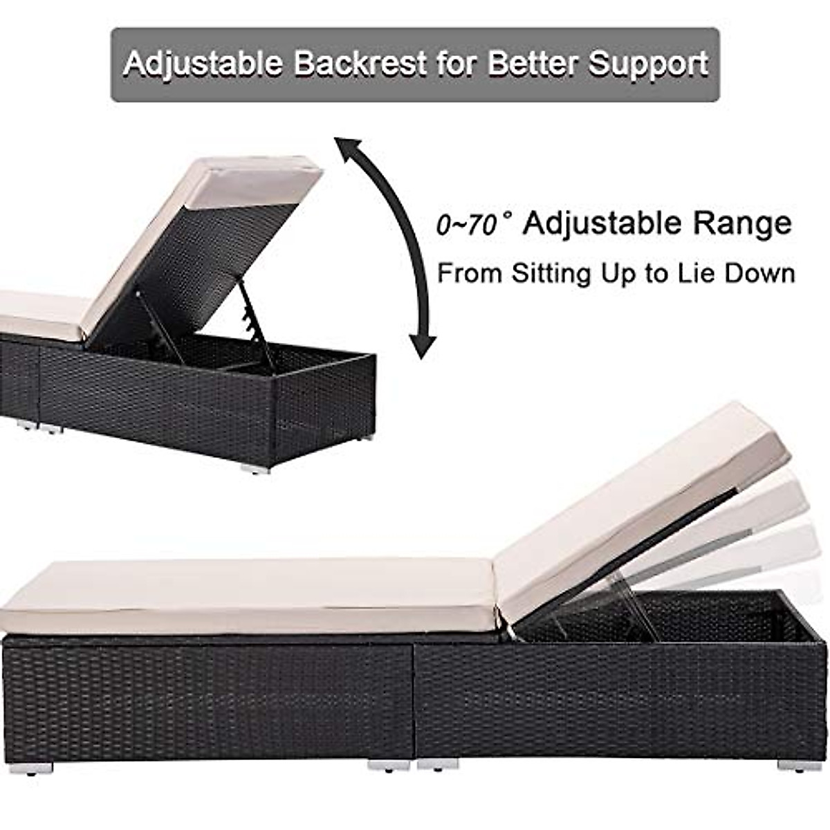 3 Pieces Outdoor Patio PE Wicker Chaise Lounge Set, Rattan Furniture Set with Matching Table, Adjustable Reclining Lounge Chairs with Cushions