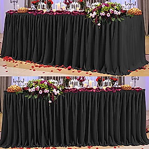 PARTISKY Black Polyester Table Skirt for Rectangle Tables 6ft, Wrinkle Resistant Pleated Ruffle Table Cloth for Banquet Wedding Trade Baby Shower Display Gift Dining Table