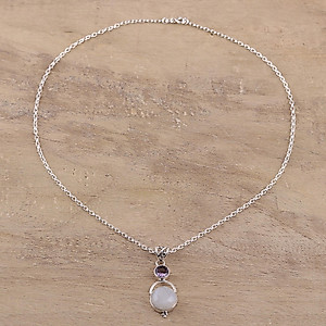 NOVICA Artisan Handmade Rainbow Moonstone Amethyst Pendant Necklace Sterling Silver Clear Purple India Gemstone Birthstone [17.75 in L 2 mm W Pendant(s) 1.5 in L x 0.5 in W x 0.3 in D] ' Alluring