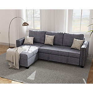 Ucloveria, 91" Sleeper Sofa Reversible Storage Chaise Living Room L-Shape Lounge 2 in 1 Sectional Couch with Pull Out Bed, Delta Gray, Dark Grey