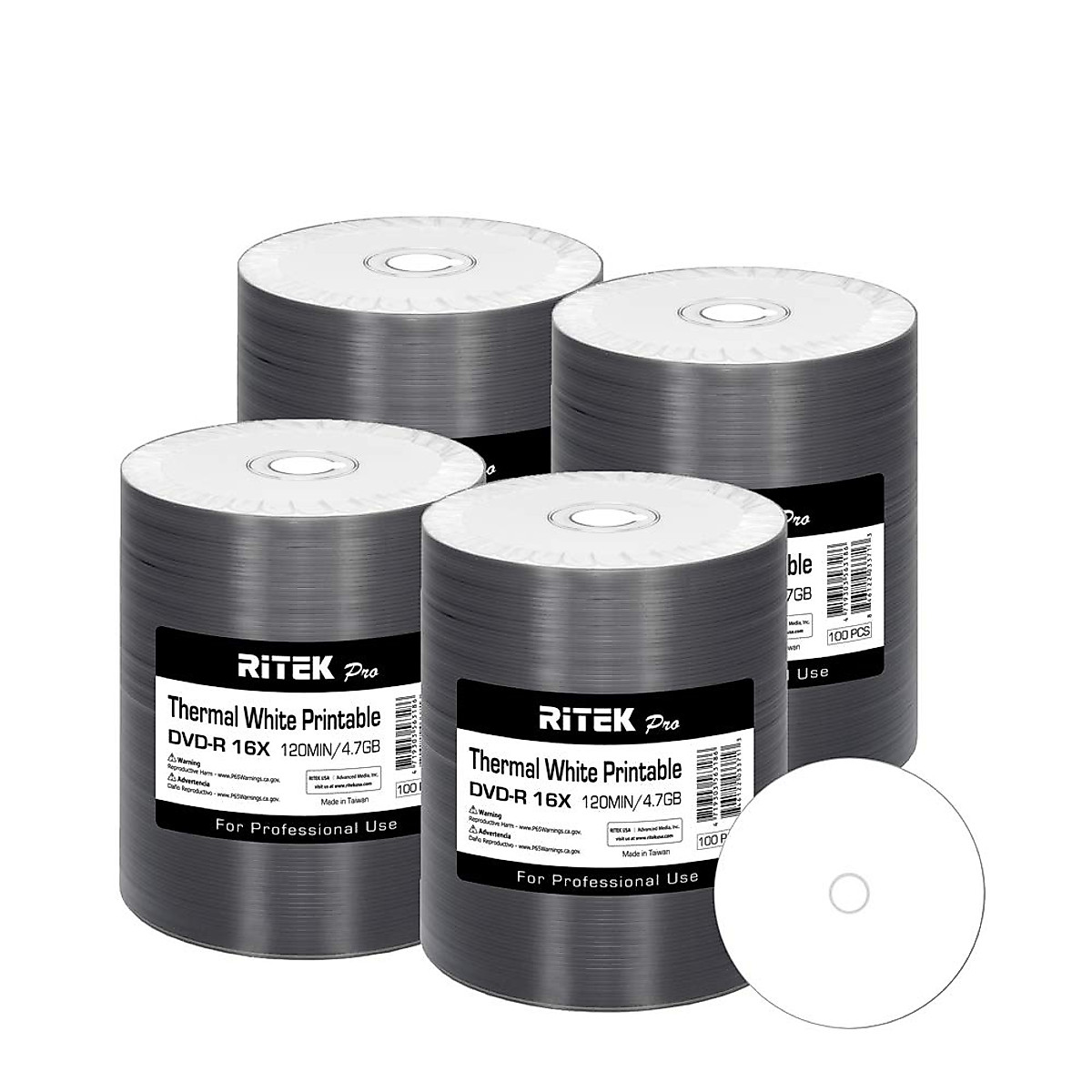 400 Pack Ritek Pro (Professional Grade) DVD-R 16X 4.7GB AZO Dye (MID MXL RG04) White Thermal Hub Printable Blank Media Recordable Disc