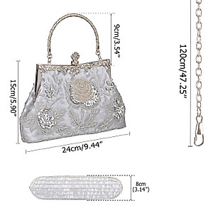 KISSCHIC Women's Handbag Vintage Rose Embroidered Beaded Sequin Evening Bag Wedding Party Clutch Purse (Silver)