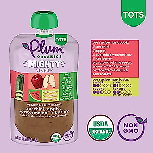 Plum Organics | Mighty Veggie Blends | Organic Baby Food Meals [12+ Months] | Zucchini, Apple, Watermelon & Barley | 4 Ounce Pouch (Pack Of 12)
