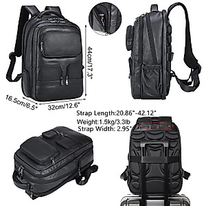 Masa Kawa Full Grain Leather 15.6 Inch Laptop Backpack for Men Black Large Business Travel Rucksack Bag Overnight Daypack