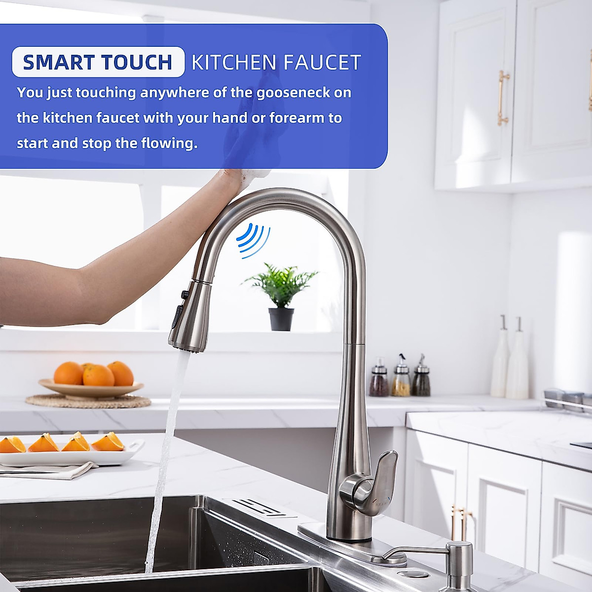 HGHGK Touch on Kitchen Faucet with Soap Dispenser and Pull Down Sprayer - Single Handle Kitchen Sink Faucet, 1 or 3 Hole Design for Modern Farmhouse Kitchens, Rv, and Bar Sinks(Brushed Nickel)