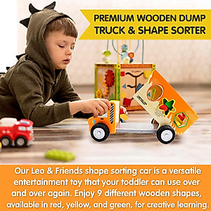 Leo & Friends Shape Sorting Dump Truck - Toddlers Educational Shape Sorter Car - 9 Different Wooden Shape Sorter Toy for Kids - Wooden Vehicle Toys - Perfect Birthdays Holidays and Christmas Gifts