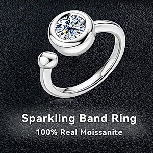 JL LITTLE FOREST Moissanite Open Ring for Women Men, 925 Sterling Silver Statement Promise Engagement Wedding Band Ring, 1 Carat D Color Moissanite Diamond Adjustable Solitaire Ring Jewelry Gifts (US 5.5-7)