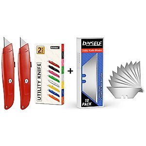 DIYSELF 2 Pack Box Cutter Retractable with 10 Pack Utility Knife Blades, Sharp SK5 Steel Utility Blades, Box Cutters for Cardboard, Paper, Carton(Red)
