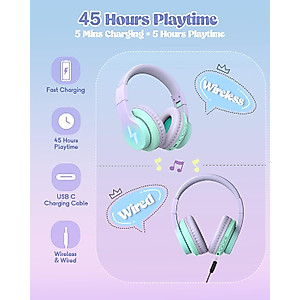 Kids Bluetooth Headphones, Colorful Wireless Over Ear Headset with LED Lights, Built-in Mic, 45H Playtime, 85dB/94dB Volume Limited Headphones for Boys Girls iPad Tablet School Airplane Green Purple