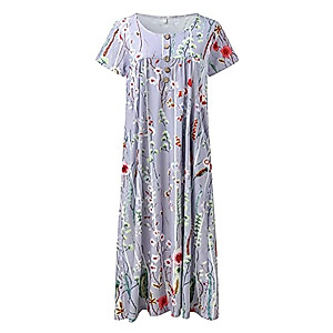 DUOWEI Womens Fashion Short Sleeve Long Casual Flower Button Round Neck Pullover Dress Skirt