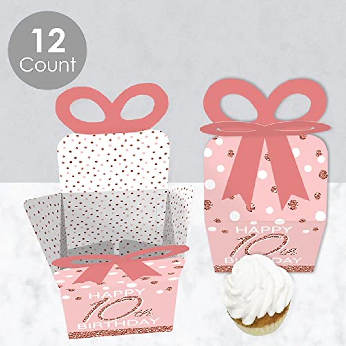 Big Dot of Happiness 10th Pink Rose Gold Birthday - Square Favor Gift Boxes - Happy Birthday Party Bow Boxes - Set of 12
