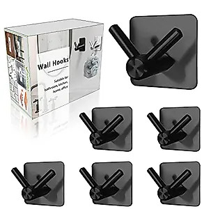Shengsite Adhesive Hooks, 6 Pack Wall Mounted SUS 304 Bath Towel Hooks, Matte Black Heavy Duty Wall Coat Hooks for Bathroom Bedroom Kitchen Hotel Pool(6 Pack, Matte Black)