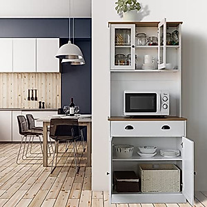 VEIKOUS 72" Kitchen Storage Cabinet, Freestanding Kitchen Buffet with Hutch w/Wide Countertop & Adjustable Shelves, Pantry Cabinets with Glass Doors, White