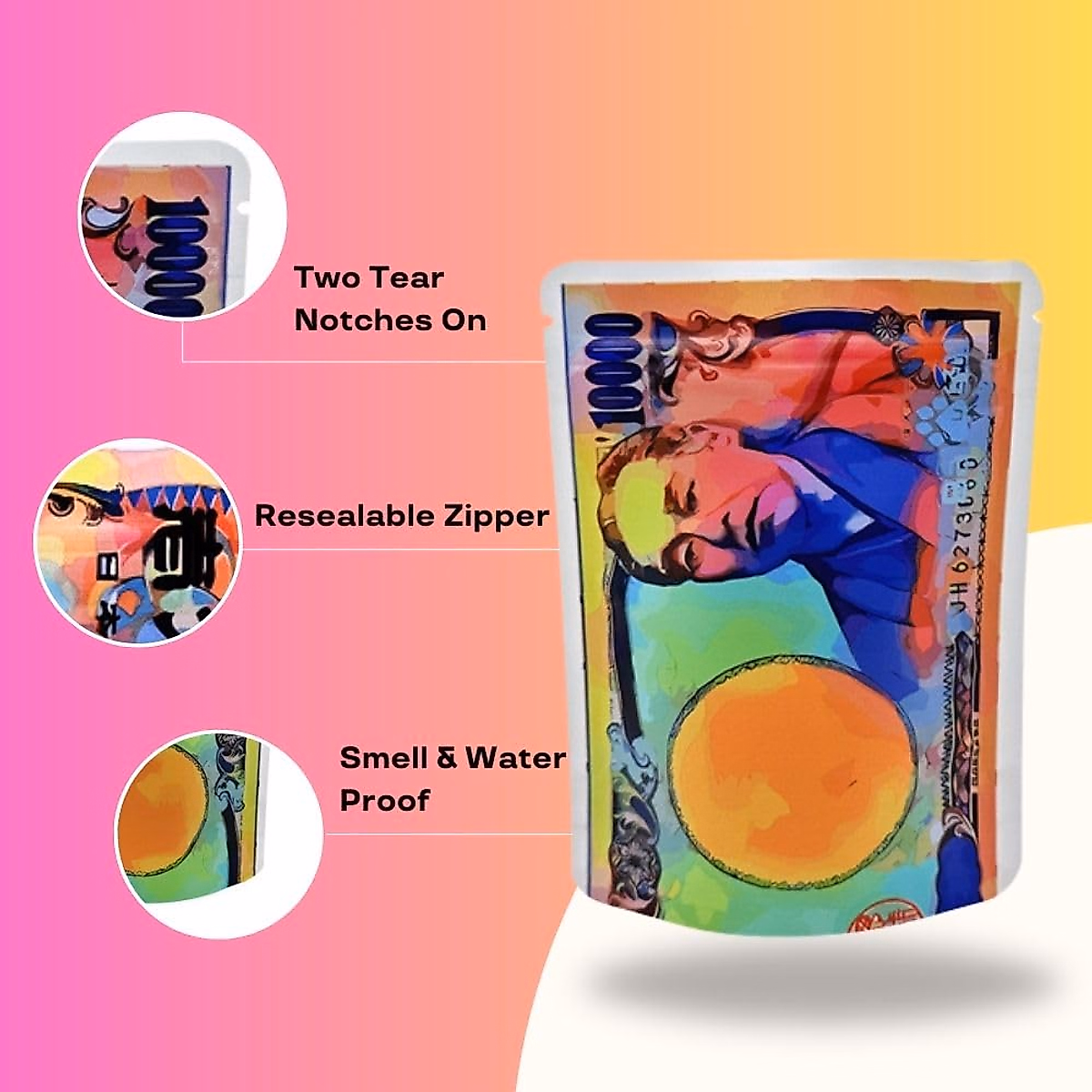 Generic 100 Pack Money Designed Dollars Japanese Yen Storage Baggies Resealable 3.5 Gram Snack Candy Bags 3.5 x 4.75 inches