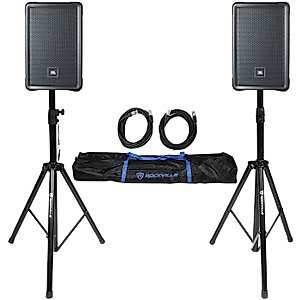 JBL IRX112BT 12" 1300 Watt Powered Active DJ Portable PA Speaker w/Bluetooth Bundle with Pair of Rockville Adjustable Tripod Speaker/Light Stands with (2) 20 Foot XLR Cables
