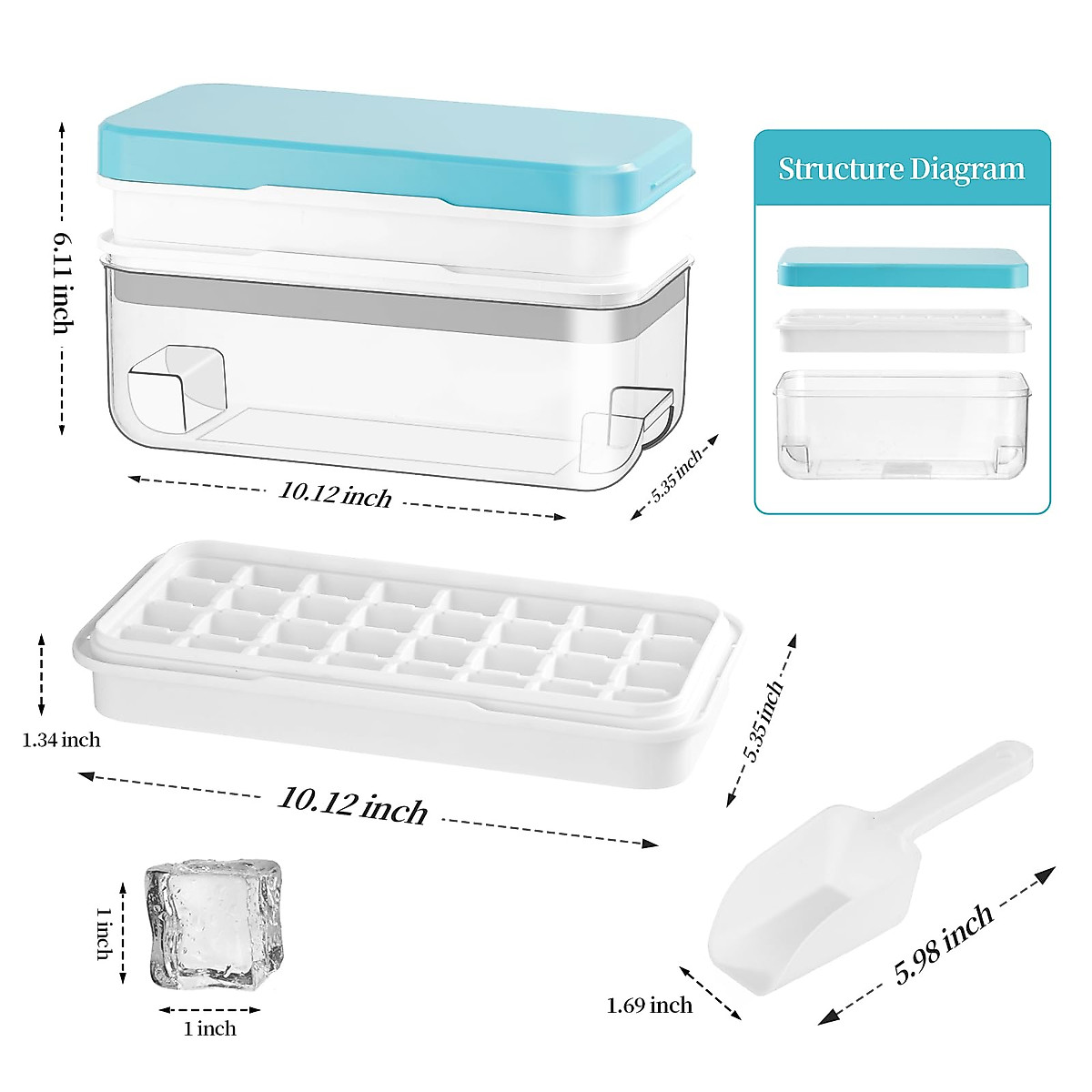 forcozyvie Ice Cube Tray with Lid and Bin,64Pcs Silicone Ice Cube Mold,Large Ice Cube Maker for Freezer, Easy Release Stackable 2 Ice Trays w/Tongs and Scoop for Whiskey Cocktail Coffee Tea Baby Food