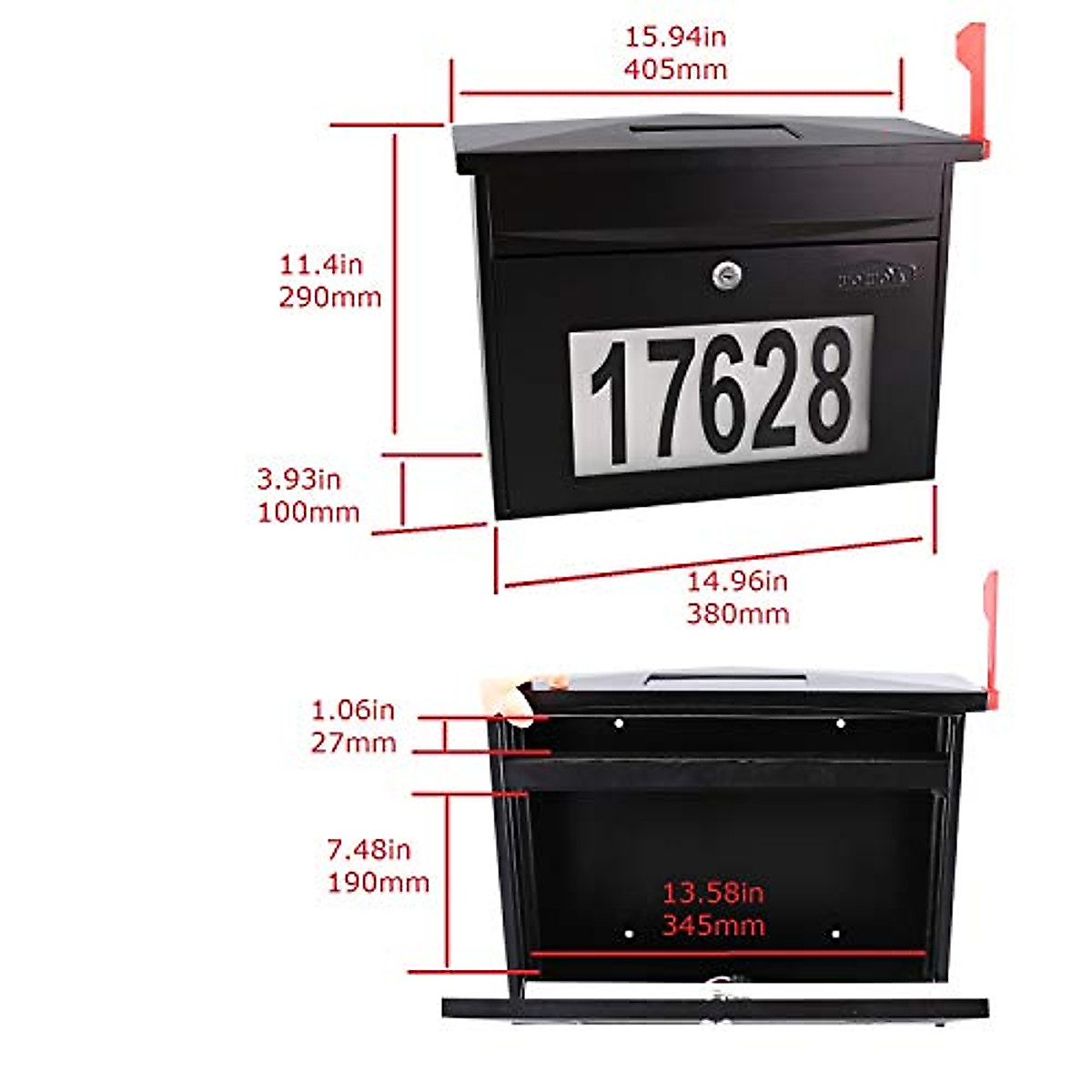 Black Wall Mount Locking Mailbox - Solar House Numbers Light Large Capacity Illuminated at Night - Waterproof Iron Mental Address Numbers Mail Box Outdoor with Keys