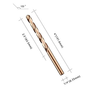 1/4" M35 Cobalt HSS Jobber Length Twist Drill Bit with Straight Shank,Heavy Duty, Pack of 10 PCS, Drilling for Cast Iron, Heat-Treated Steel, Stainless Steel and Other Hard Materials
