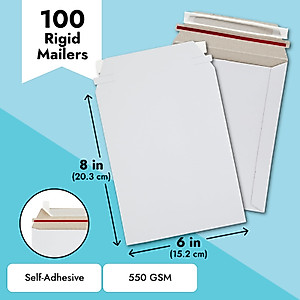 100 Pack Stay Flat Rigid Mailers 6x8, Self Adhesive Bulk White Cardboard Envelopes for Shipping Photo, Documents