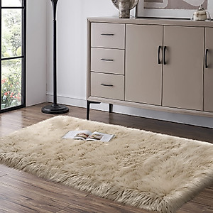 Faux Fur Rug, Beige Small Fluffy Rug for Sofa Chair Couch Cover 2x4 Feet, Ultra Soft Fuzzy Shag Rug for Bedroom, Indoor Shaggy Plush Floor Carpets Luxury Home Decor for Bedside