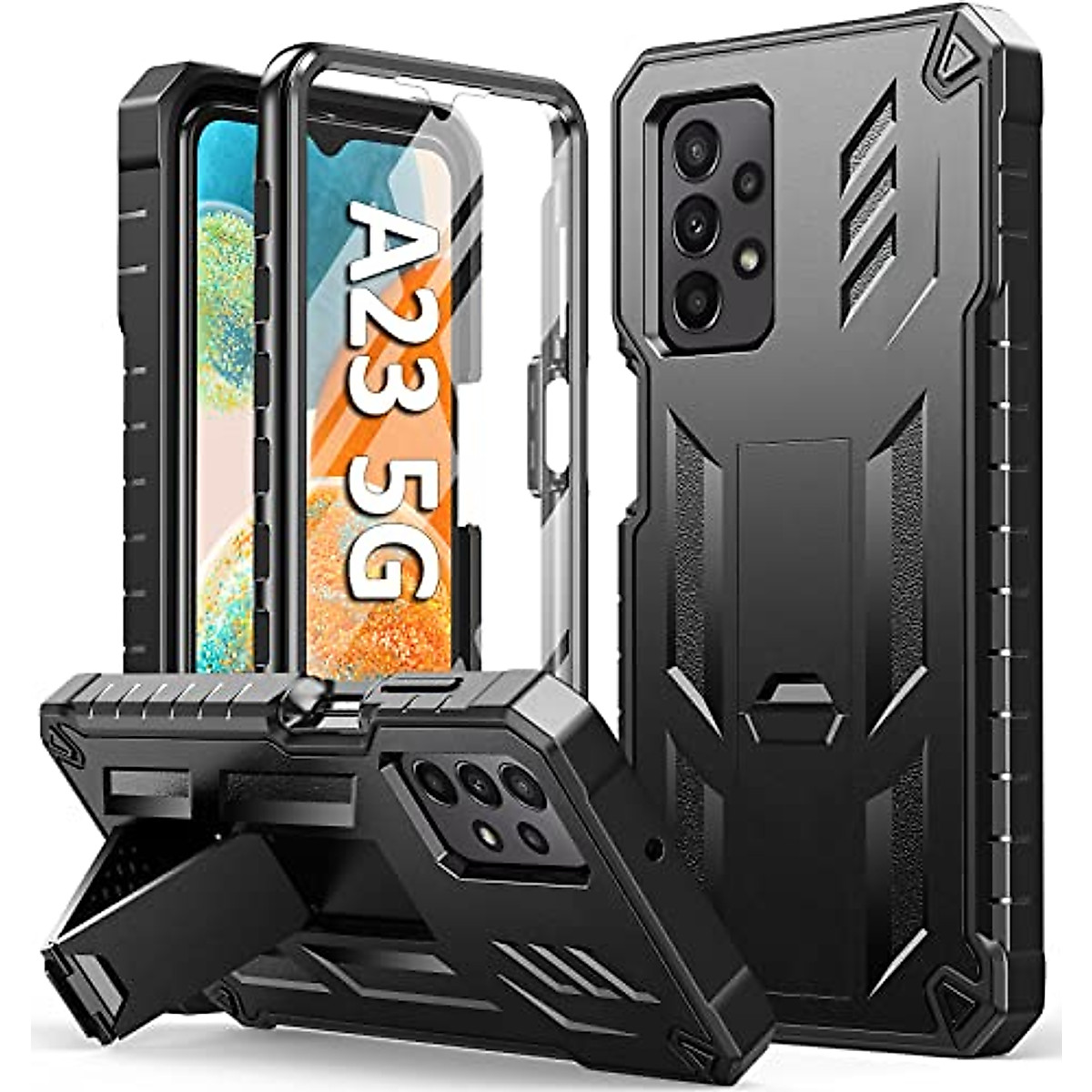 FNTCASE for Samsung Galaxy A23 5G Case: Heavy Duty Rugged Military Grade Shockproof TPU Full Protective Shell with Kickstand Durable A23 4G LTE Phonecase Cell Phone Cover Black