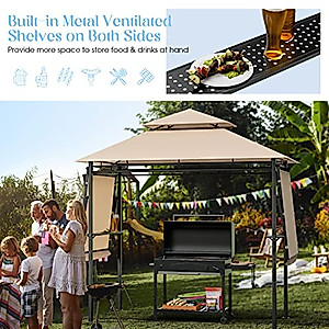 Double Tiered Grill Gazebo, 13.5 x 4 Feet Patio BBQ Grill Gazebo with Dual Side Awnings Outdoor BBQ Patio Canopy Tent (Beige)