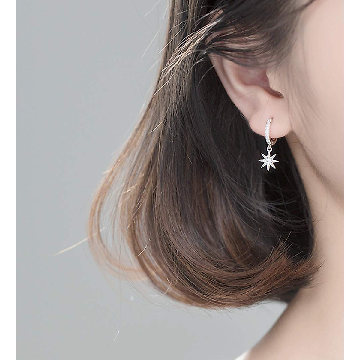 SLUYNZ 925 Sterling Silver Sparkling CZ Star Moon Small Hoop Earrings for Girls Women Asymmetric Star Moon Huggie Earrings (A-Silver)