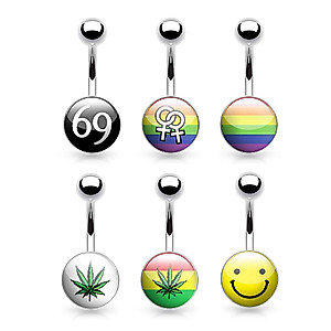 14G Stainless Steel Inlaid Clear Epoxy Picture Logo Belly Button Ring (Green Pot Leaf)