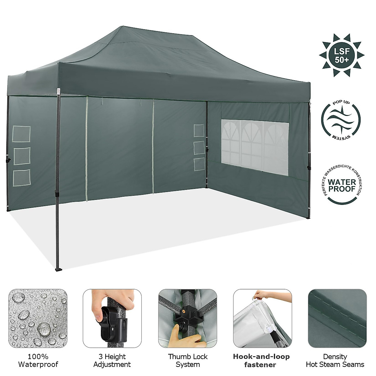 Tooluck Canopy 10x15 Pop up Canopy Commercial Heavy Duty Canopy Tent with 4 sidewalls Easy Up Wedding Party Tent Outdoor Gazebos Canopy, All Season, Windproof & Waterproof, Gray(Frame Thickened)
