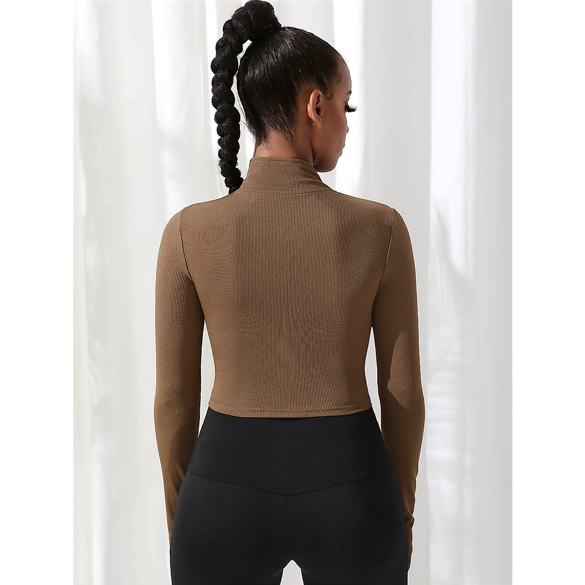 SweatyRocks Women's Long Sleeve Stand Collar Zip Up Crop Top Stretchy Sports Jacket Activewear Coffee Brown L