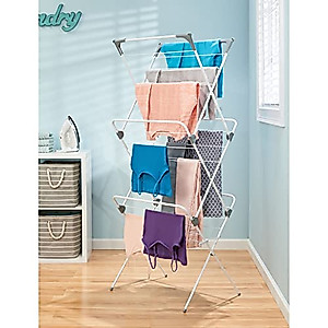 mDesign Tall Metal Foldable Laundry Clothes Drying Rack Stand - Compact, Portable, Folding, and Collapsible for Storage - Large Capacity, 27 Drying Rods, 46 Feet of Drying Hanger Space - White/Gray