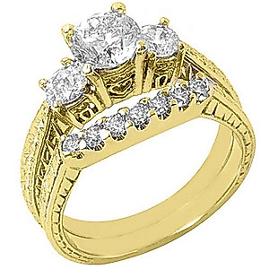 14k Yellow Gold Round Diamond Engagement Ring Wedding Band Bridal Set 1.70 Carats