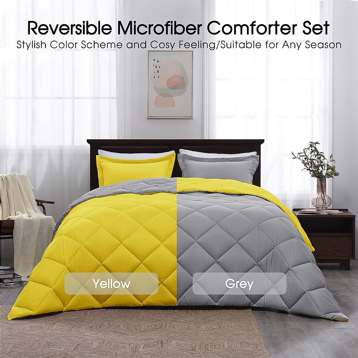 Basic Beyond King Size Comforter Set - Yellow and Gray Comforter Set King, Reversible King Bed Comforter Set for All Seasons, Yellow/Grey, 1 Comforter (104"x92") and 2 Pillow Shams (20"x36"+2")