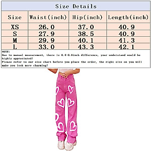 Women's High Waist Heart Print Wide Leg Loost Fit Vintage Boyfriend Jeans Teen Girls Streetwear Denim Pants Pink
