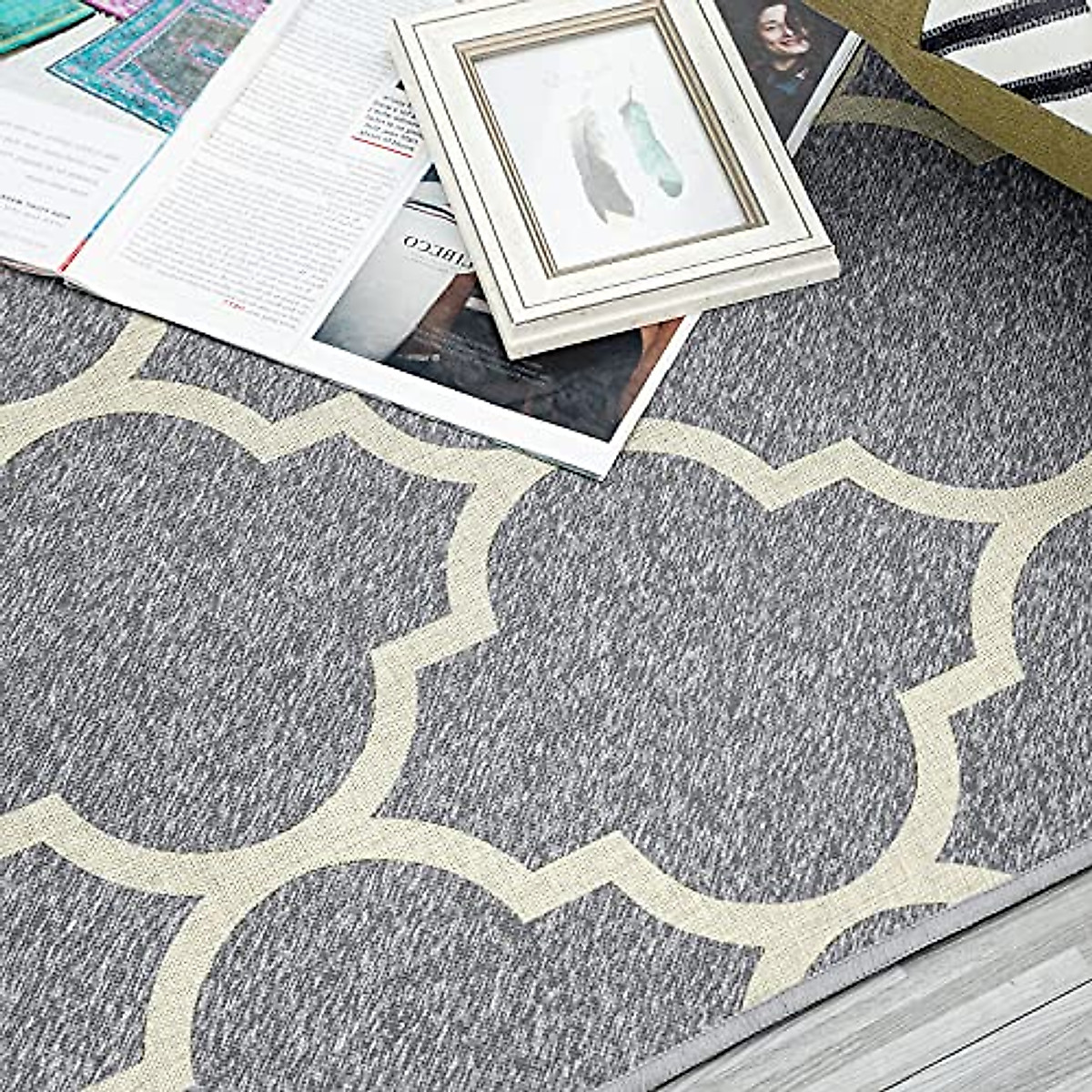 COLLACT Runner Rug 2x7 Area Rug Hallway Kitchen Rug Indoor Moroccan Rug Geometric Soft Mat Quatrefoil Trellis Non Slip Bathroom Rug Low Profile Floor Cover Living Room Dining Room Heathered Grey