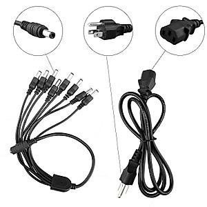 EWETON Power Adapter 12V 6A 72W 3-Pin Plug 100V-240V AC to DC 2.1x5.5mm w/ 8-Way Power Splitter Cable & DC Power Jack Connector Power Supply for CCTV Security Camera DVR, LED Strip Lights