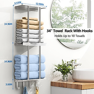 Bathroom Towel Storage, Towel Racks for Bathroom with 3-Tier Shelf & 4 Hooks, Towel Holder for Bathroom Wall for Rolled Bath Towels, Brushed Nickel