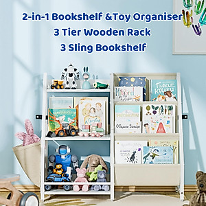 HAVLOTII Kids Bookshelf and Toy Organizer, 3 Tier Bookshelf for Kids, Montessori Bookcase Book Shelf for Kids Rooms, Bedroom, Playroom, Nursery, Toy Storage Organizer with Bookshelf (White)