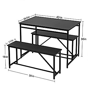 Panana 3 Piece Dining Room Table Set 43 Inch Kitchen Table with Two Benches Breakfast Table with Metal Frame Dining Room Home Black